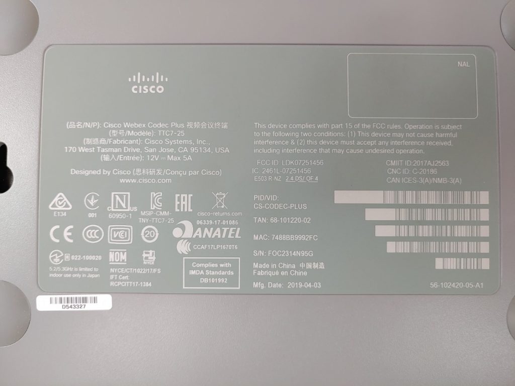 CISCO CS-CODEC-PLUS TTC7-25 Video Conference Webex Room Codec **NO A/C ...